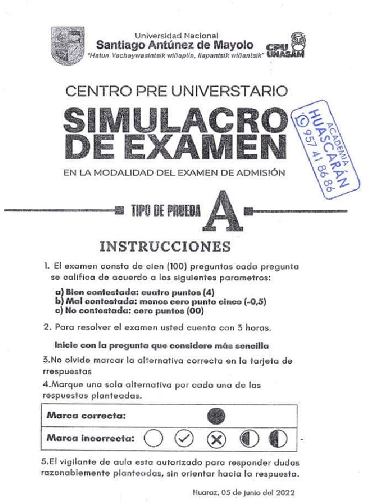 ?? Simulacro de Examen en La Modalidad Del Examen de Admisión de La ...
