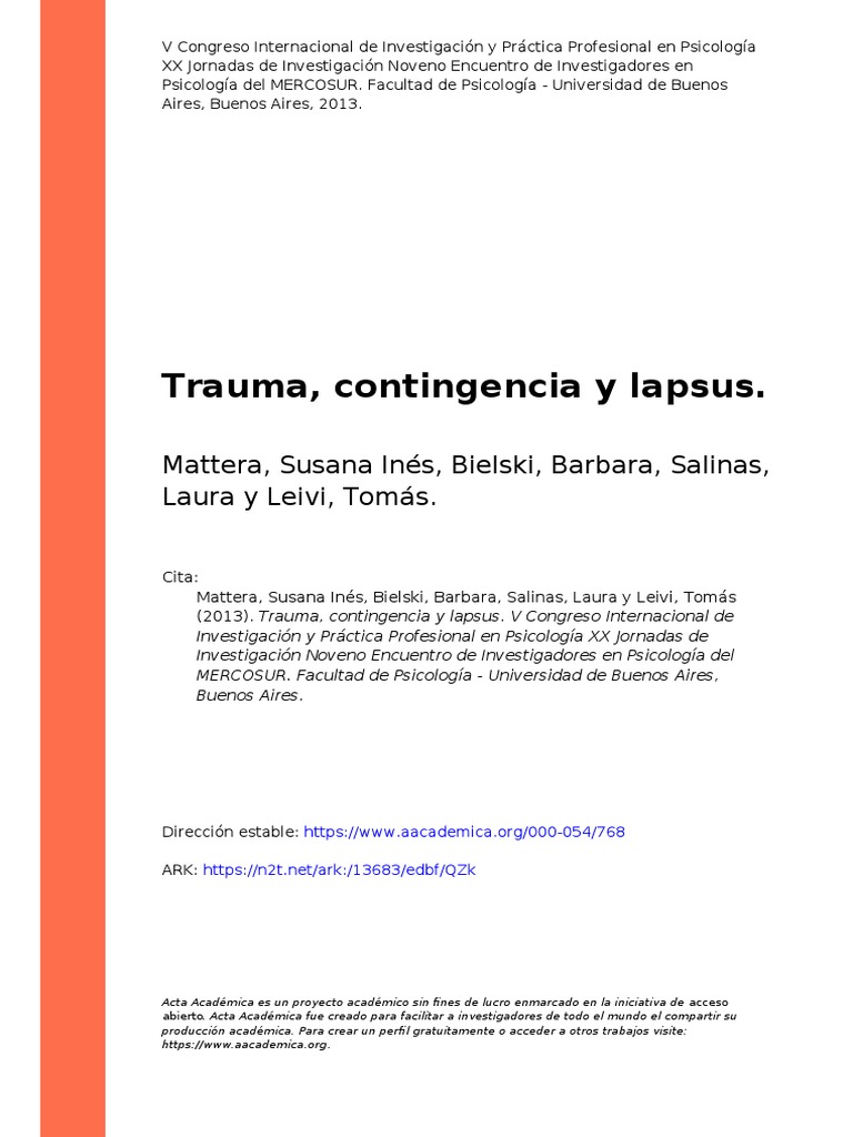 Mattera, Susana Inés, Bielski, Barb (... ) (2013) - Trauma, Contingencia y Lapsus | PDF ...