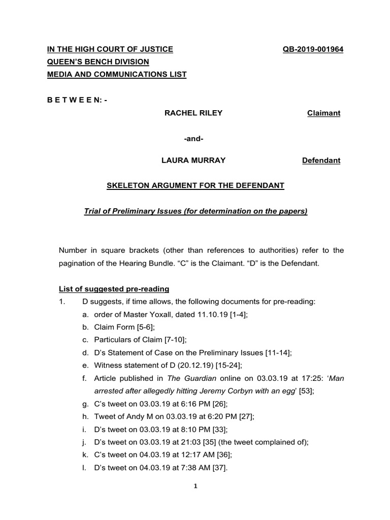 Riley V Murray QB 2019 001964 Defendants Written Submissions | PDF ...