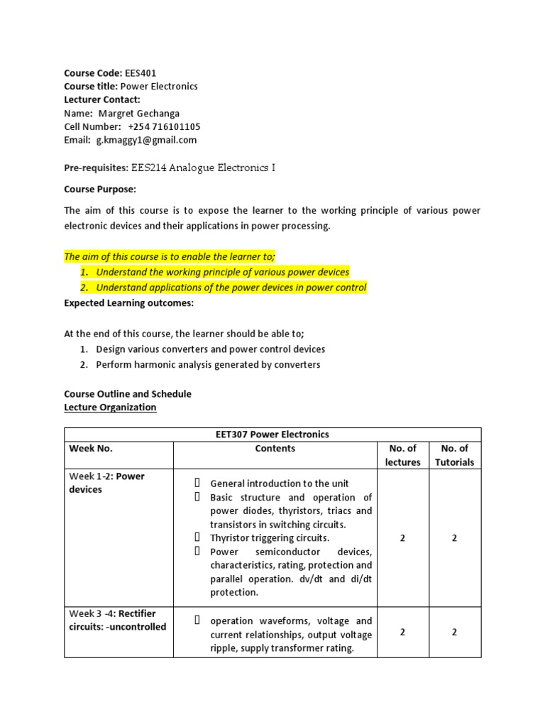 EES401 Power Electronics Course Outline-Unit Plan | PDF | Rectifier | Power Electronics