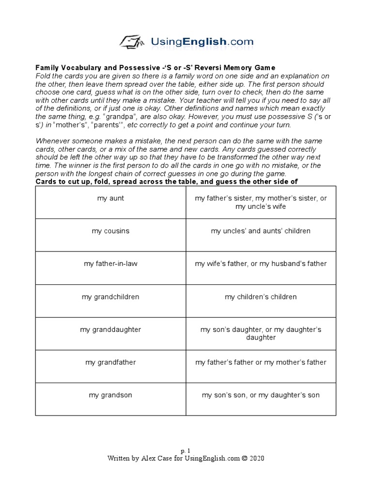 Family Vocabulary and Possessive S or S Reversi Memory Game | PDF ...