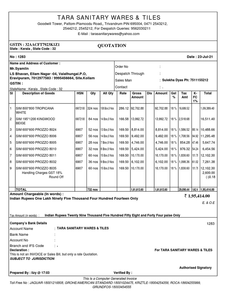 Tara Sanitary Wares & Tiles: Quotation | PDF | Payments | Economy Of Asia