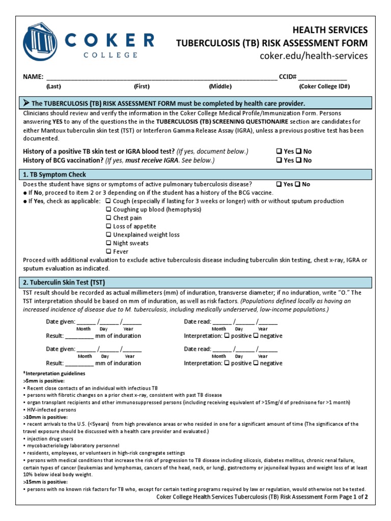 TUBERCULOSIS TB RISK ASSESSMENT FORM Created March 12 2018 1 | PDF ...