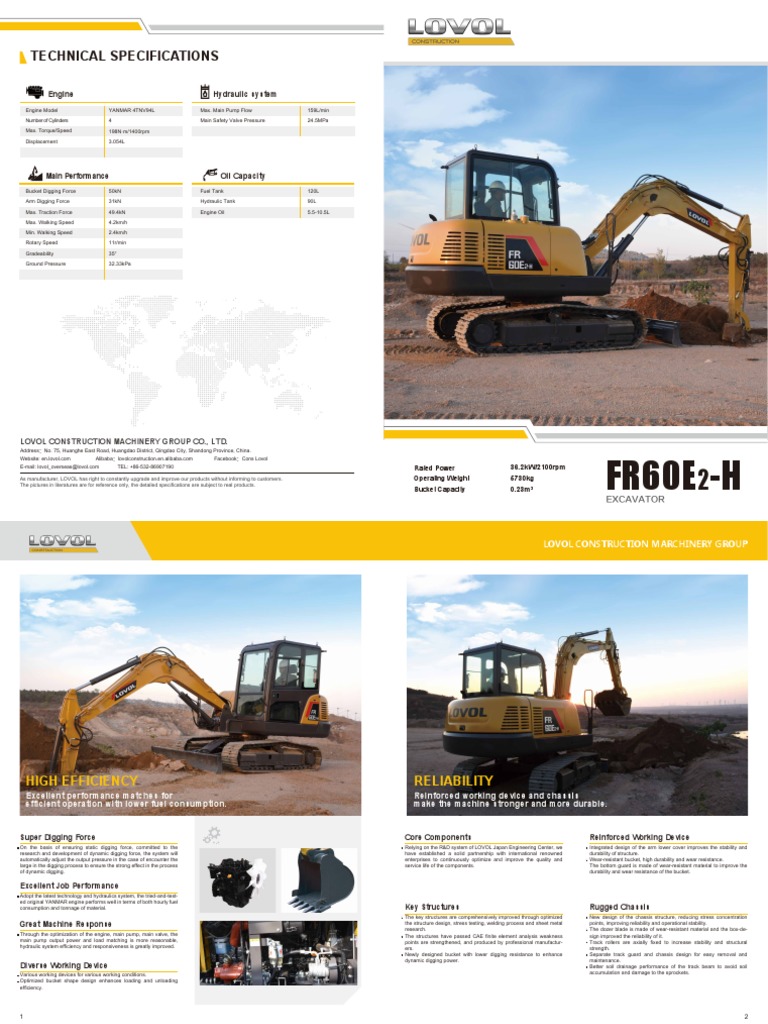 Technical Specifications and Performance Overview of the LOVOL FR60E2-H Hydraulic Excavator ...