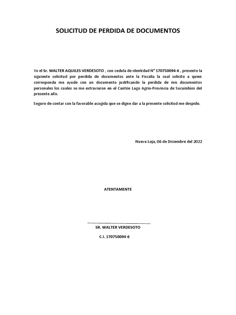 Solicitud de Perdida de Documentos | PDF