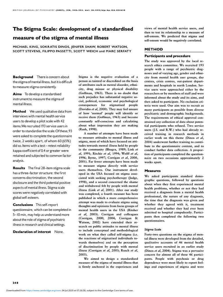 Stigma Scale Development of A Standardised Measure of The Stigma of ...