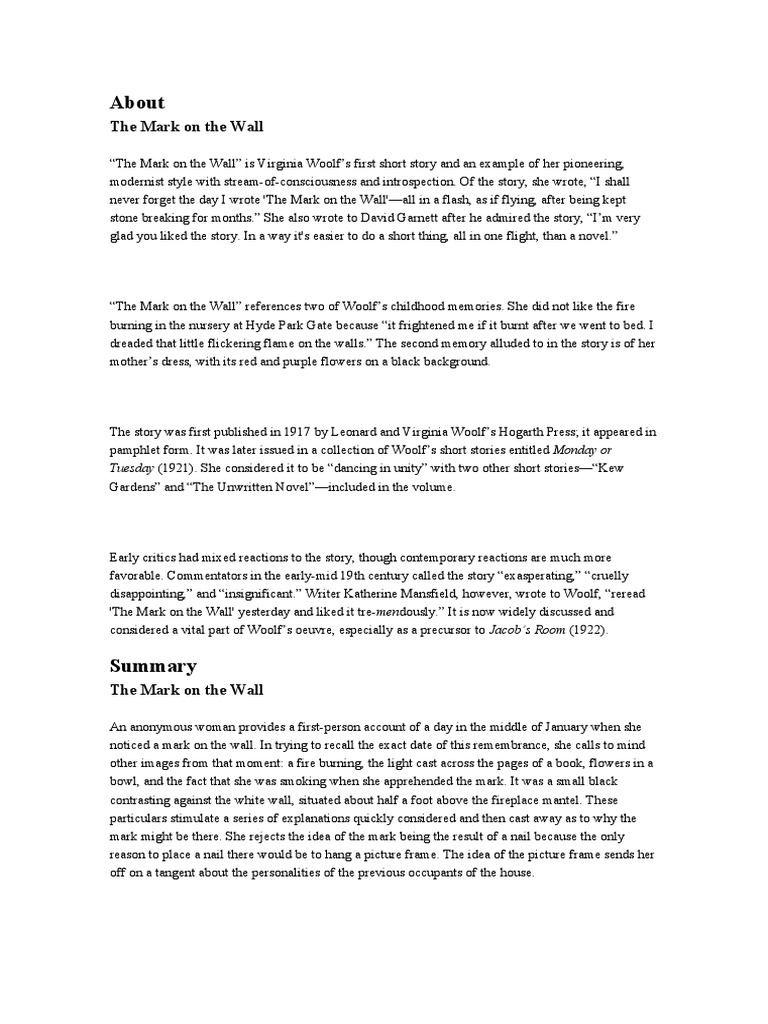 The Mark On The Wall SUM | PDF | Thought | Narration