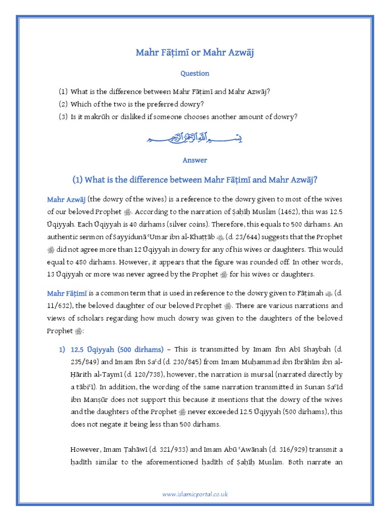Mahr Azwaaj and Mahr Fatimi Detailed Paper With Calculations With ...