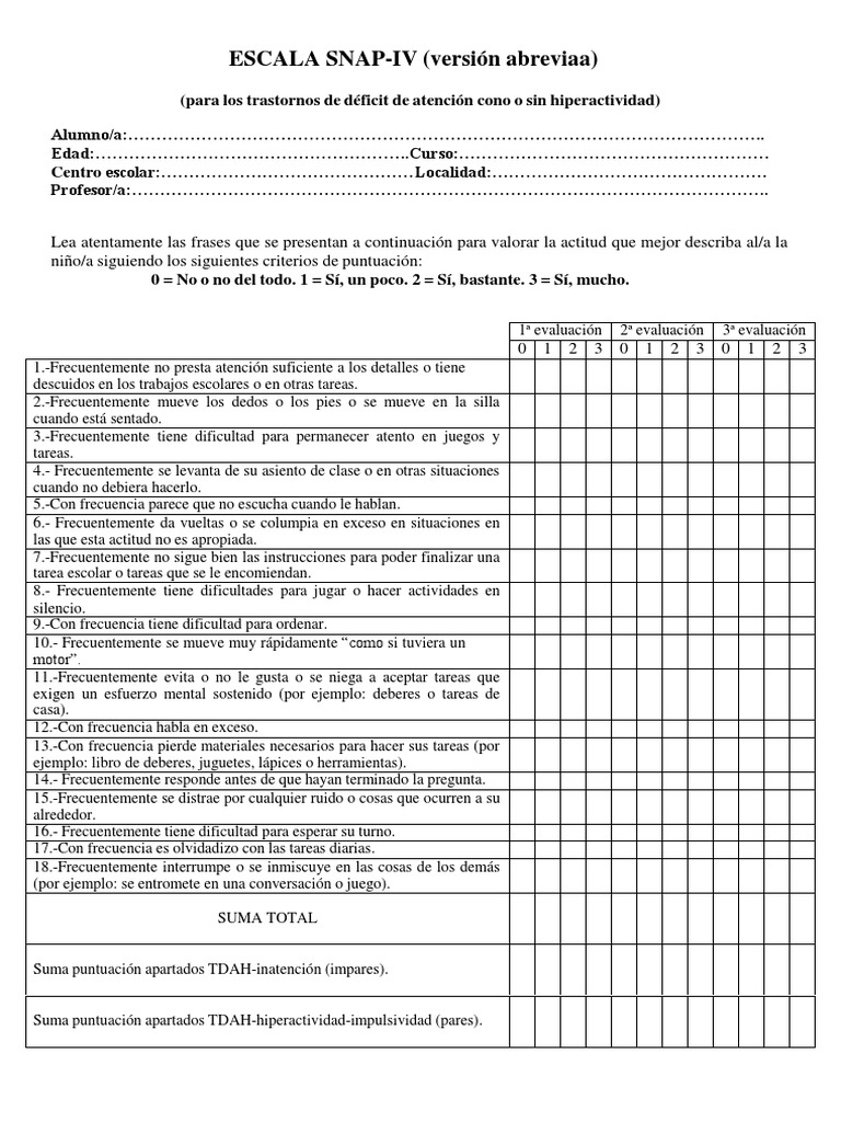 Escala Snap IV | PDF | Desorden hiperactivo y deficit de atencion