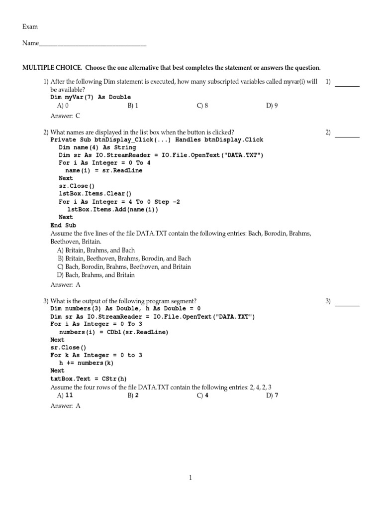 Final Exam Sample Test With Answers | PDF | Array Data Structure ...
