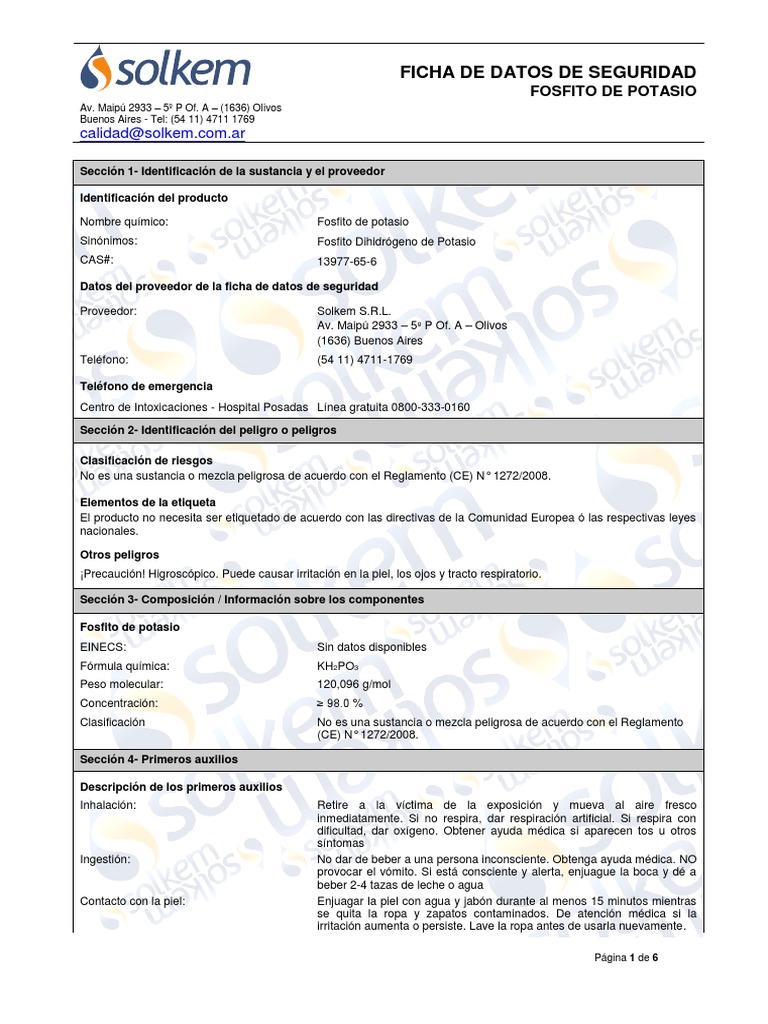 Fosfito de Potasio FDS | PDF | Agua | Toxicología Fosfito de Potasio FDS | PDF | Agua | Toxicología