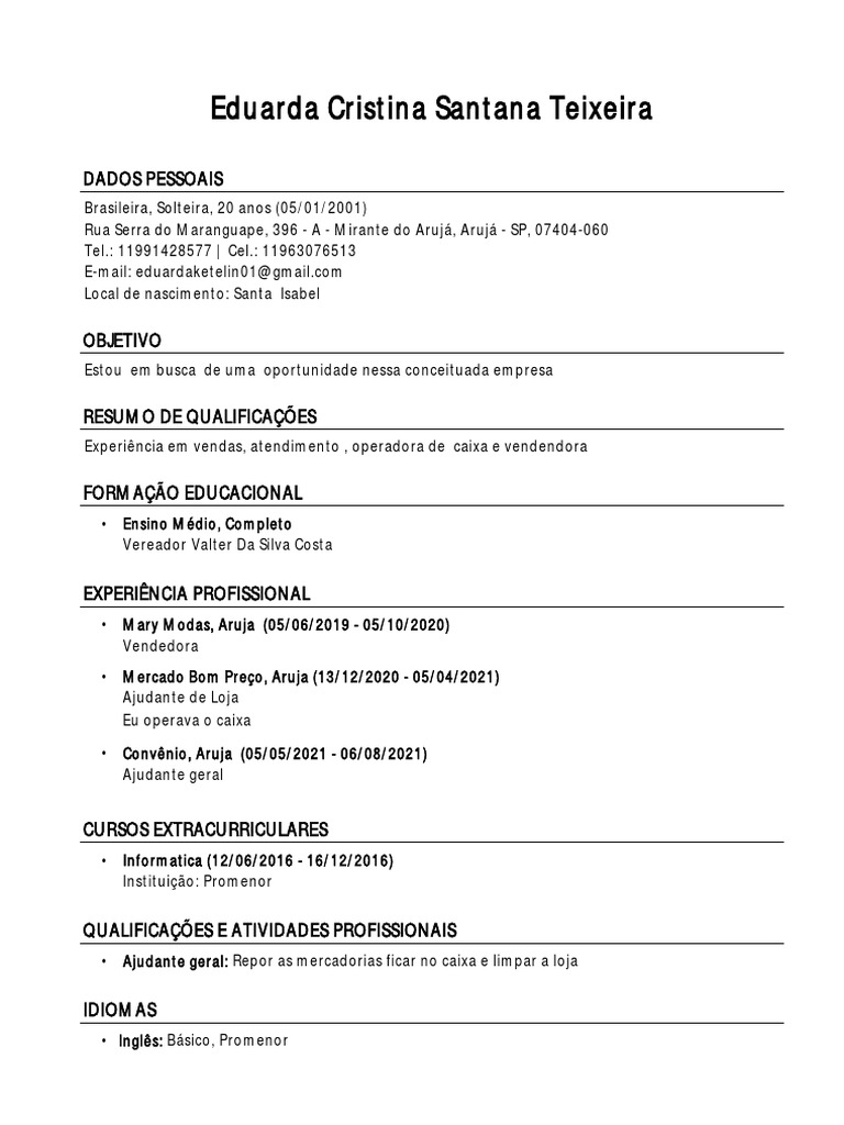 CV Eduarda Cristina Santana Teixeira | PDF