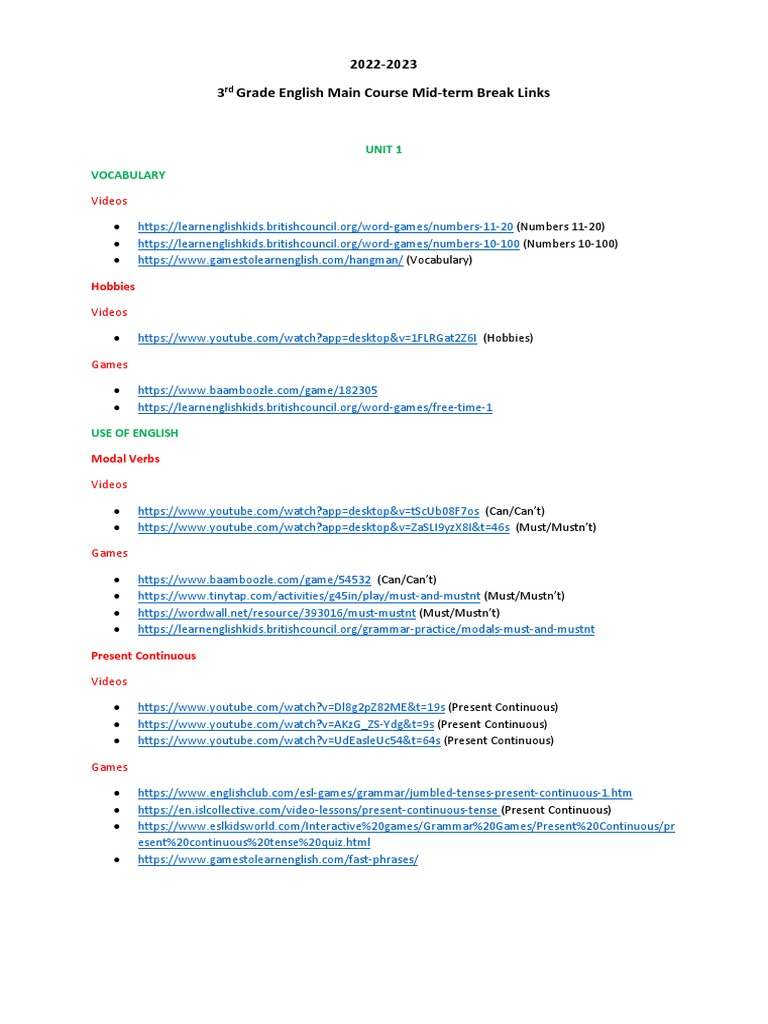 2022-2023 3rd Grade English Main Course Midterm Break Links | PDF