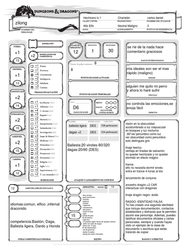 Hoja de Personaje Editable DND Mejorada Alto Elfo | PDF
