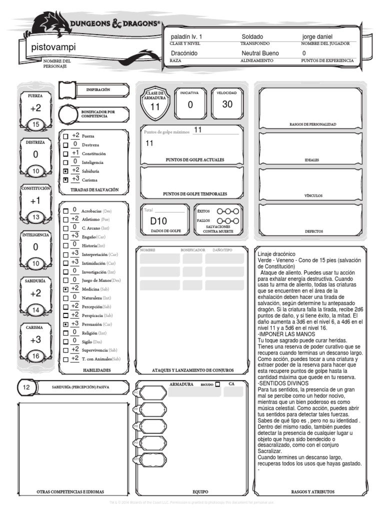 Hoja de Personaje Editable DND Draconido | PDF