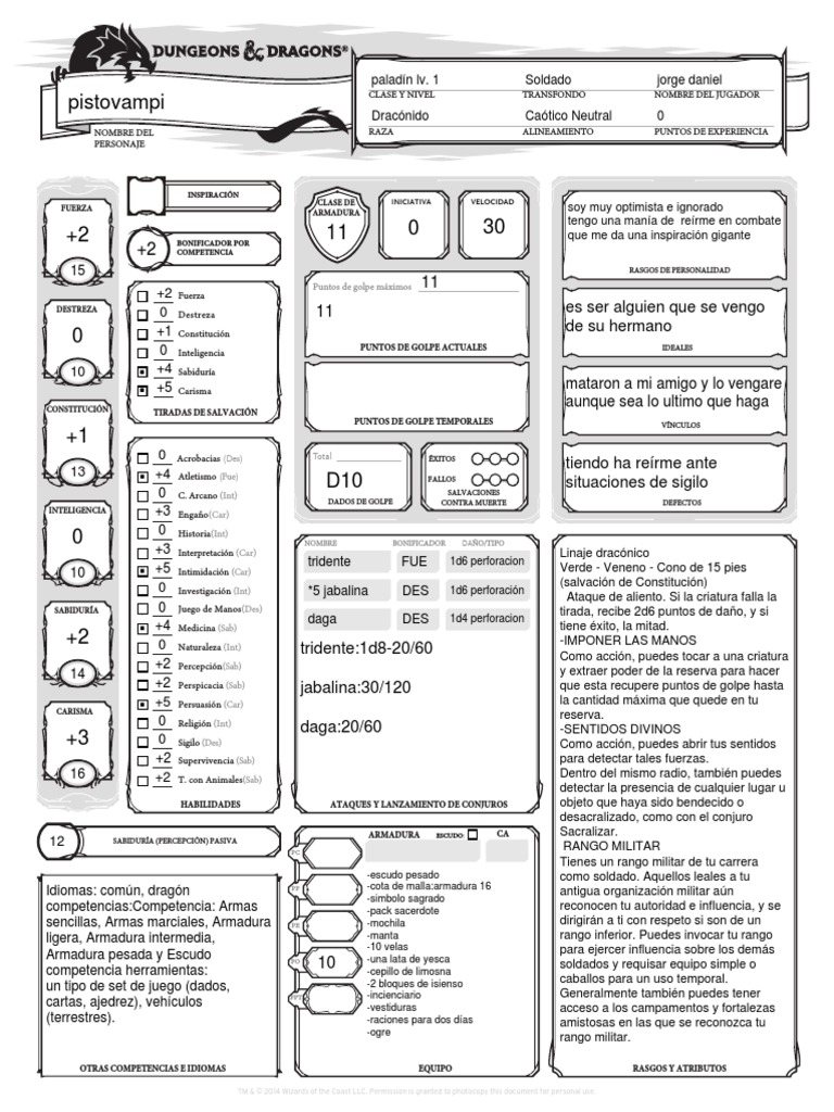 Hoja de Personaje Editable DND Mejorada Draconido | PDF