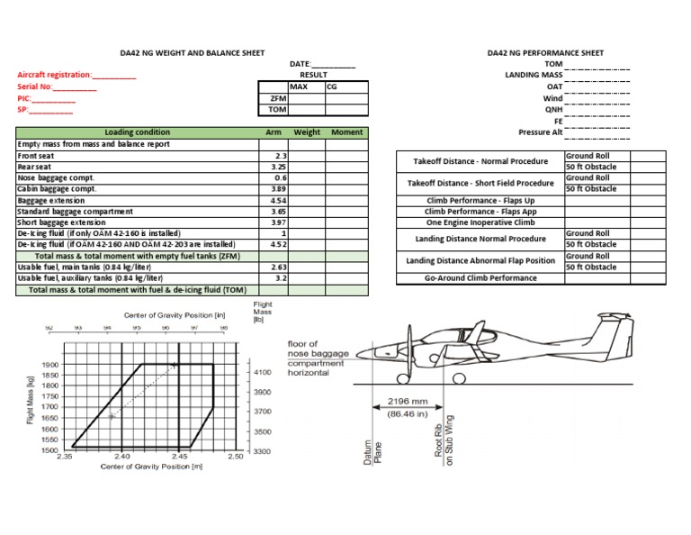 DA 42 M & B and Perfom. Sheet | PDF | Flap (Aeronautics) | Takeoff