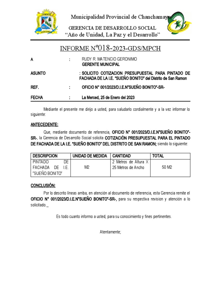 Informe N°0612-2022-Gds-Mpch - Solicitar Modificacion Presupuestal de ...
