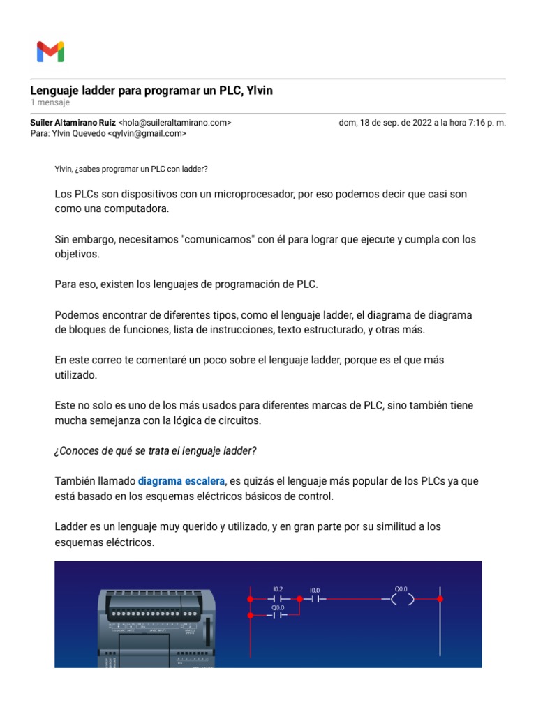 Gmail - Lenguaje Ladder para Programar Un PLC, Ylvin | PDF