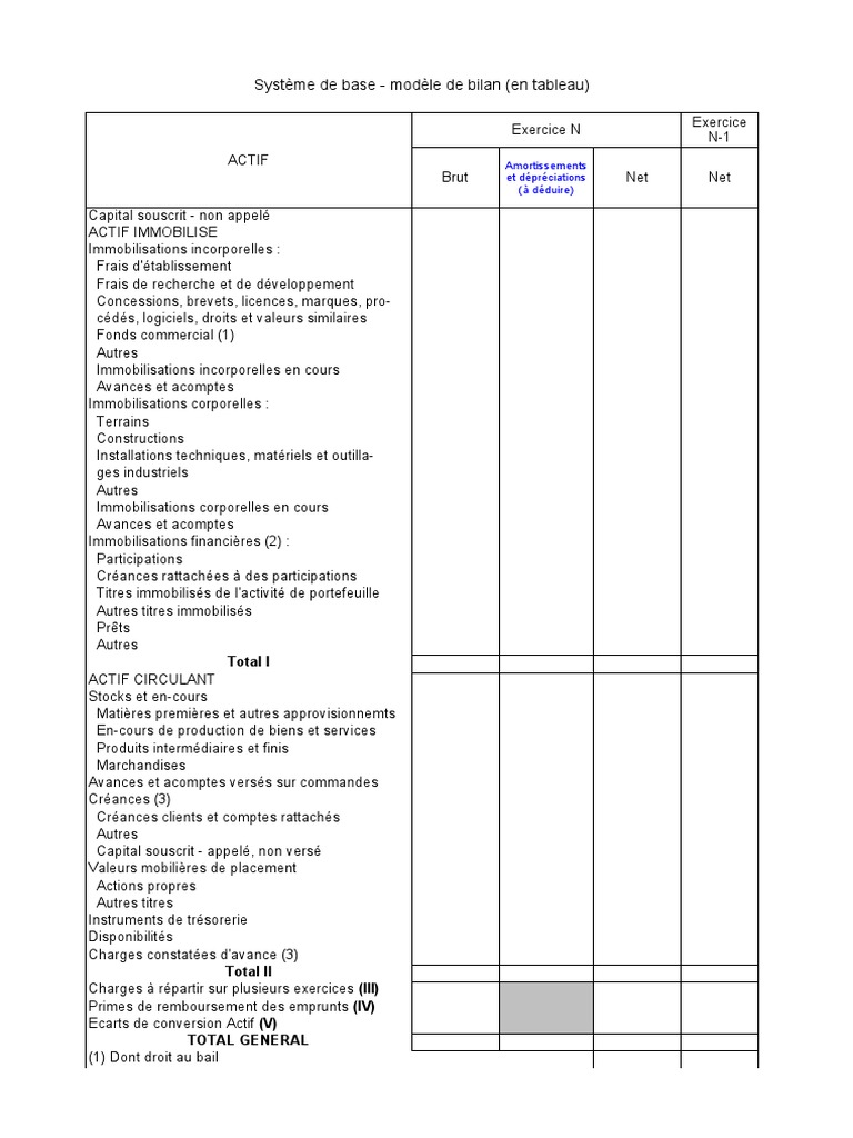 Système de Base - Modèle de Bilan (En Tableau) : Total I | PDF ...