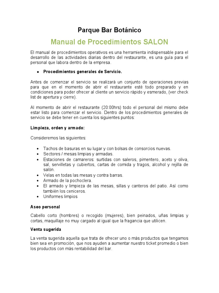 Manual de Procedimientos SALON | PDF | Cliente | Comida y bebida