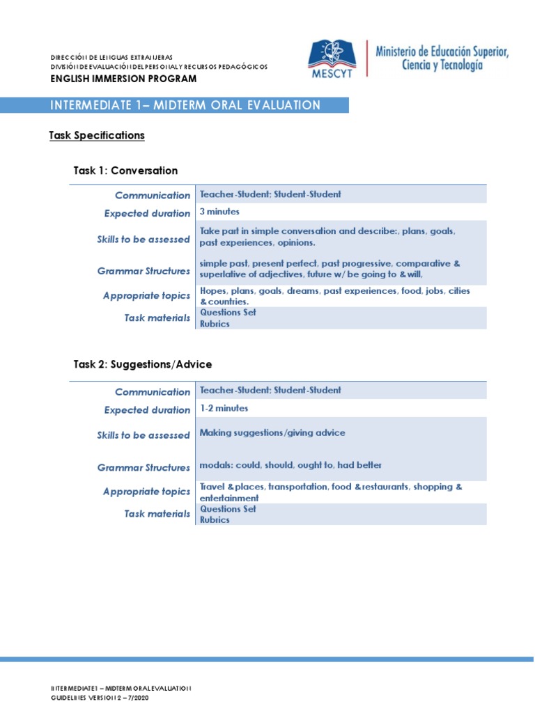 Intermediate 1 Oral Evaluation Guide | PDF | Conversation | Rubric ...