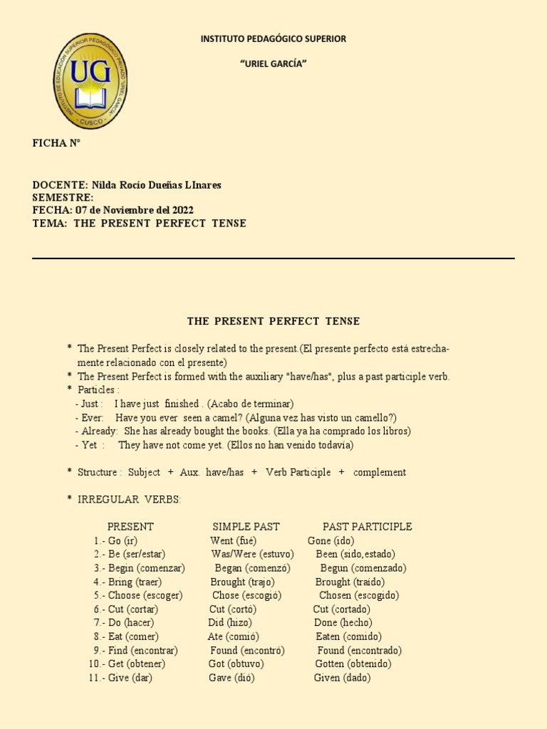 Present Perfect Tense Overview | PDF | Perfect (Grammar) | Language ...