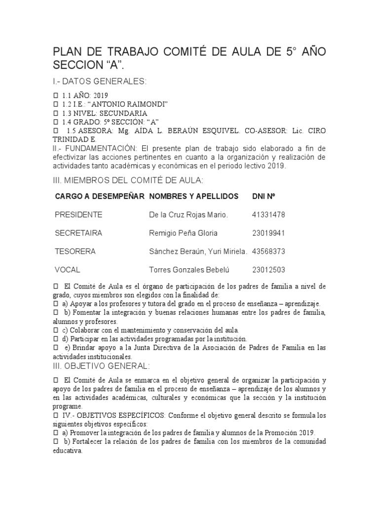 Plan de Trabajo Comité de Aula | PDF | Salón de clases