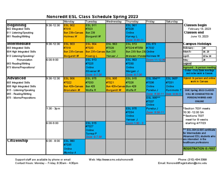 Esl Spring 2023 Schedule | PDF
