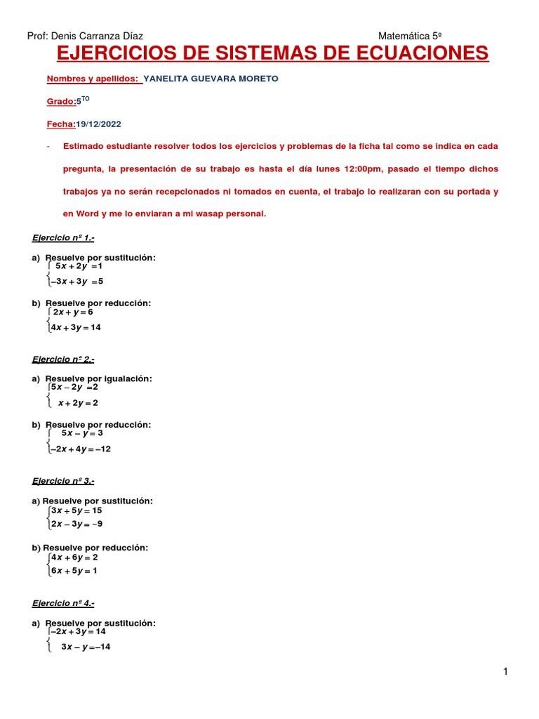 Ejercicios De Sistemas De Ecuaciones Resueltos Pdf Velocidad 3360