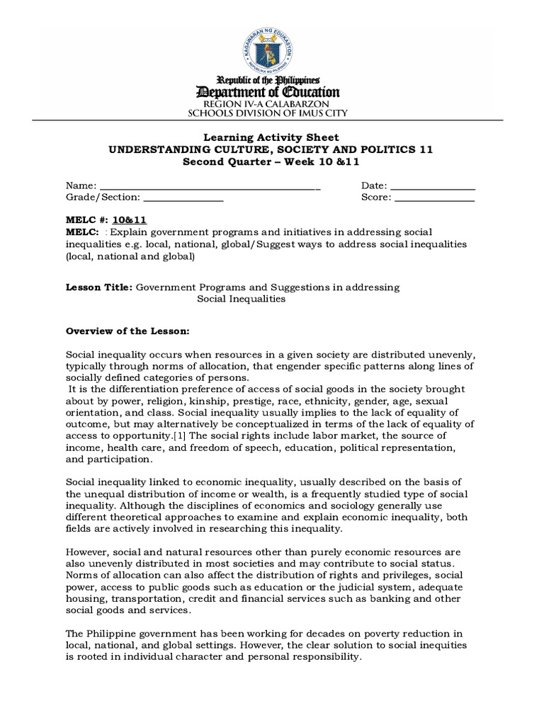 Ucsp G11-12 Q2 W10-11 Las | PDF | Social Inequality | Discrimination ...