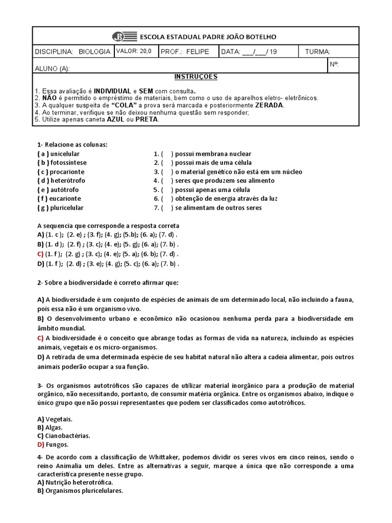 Prova Bio. Bimestral 3º Ano EJA | PDF | Organismos | Célula (Biologia)