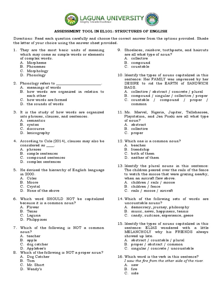 Assessment Tool in El101 - For Printing | PDF | Pronoun | Adjective