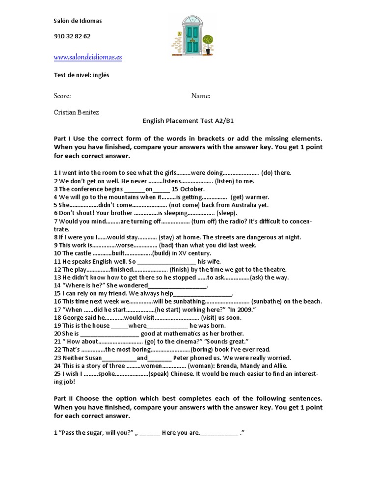 English Placement Test A2-B1 | PDF
