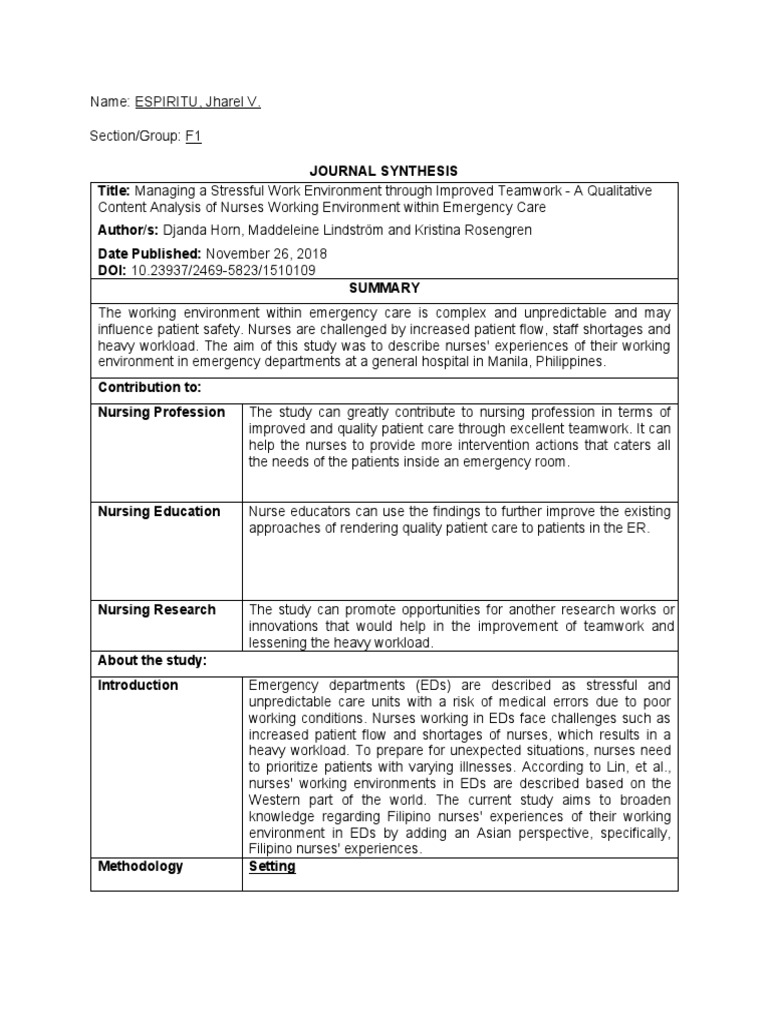 JOURNAL-SYNTHESIS | PDF | Nursing | Emergency Department