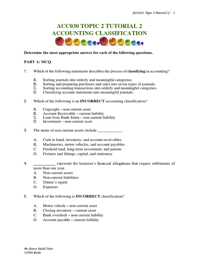 ACC030 T2 TUTORIAL 2 ACCTG CLASSIFICATION Qs | PDF | Equity (Finance) | Banks