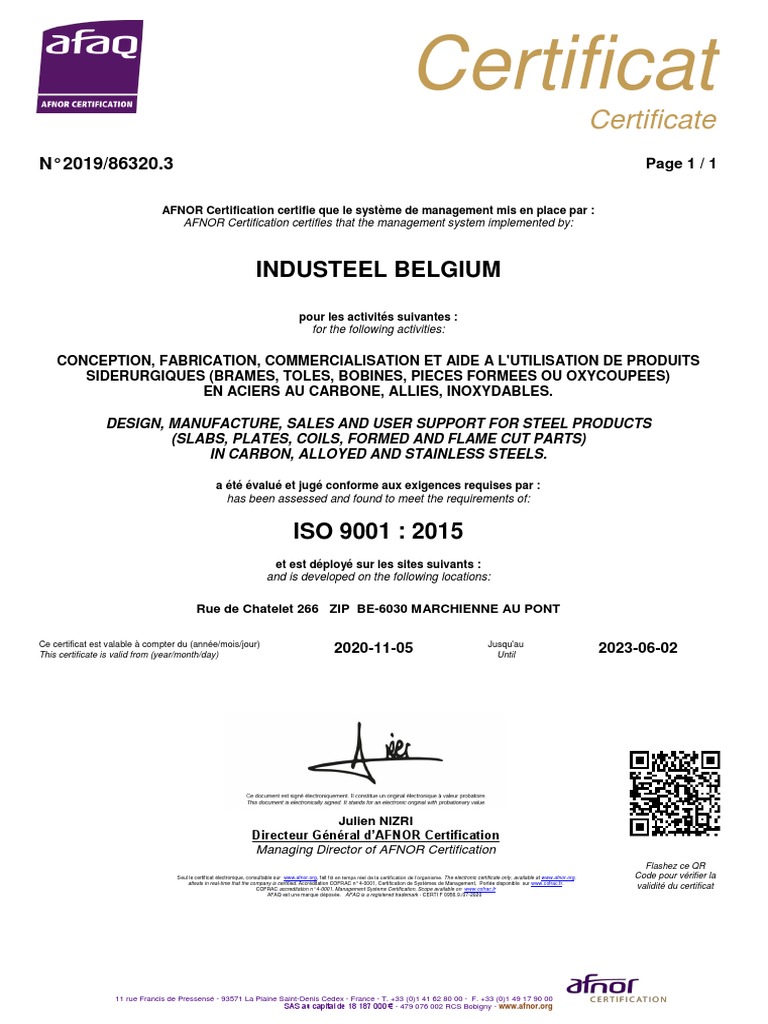 Certificat ISO 9001 d'Industeel Belgium | PDF | Management de la qualité