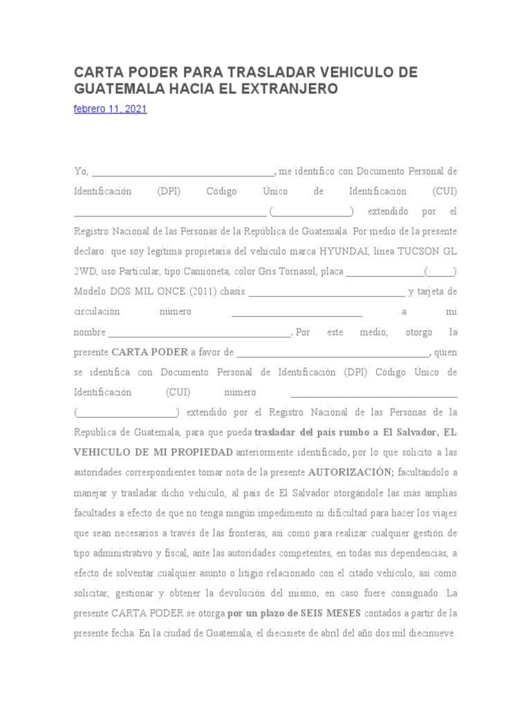 Carta Poder para Trasladar Vehiculo de Guatemala Hacia El Extranjero | PDF