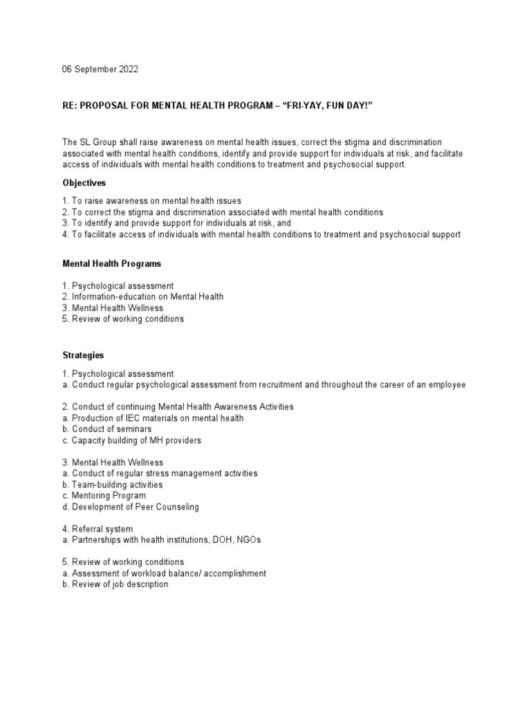 Proposal For Mental Health | PDF | Mental Health | Psychosocial