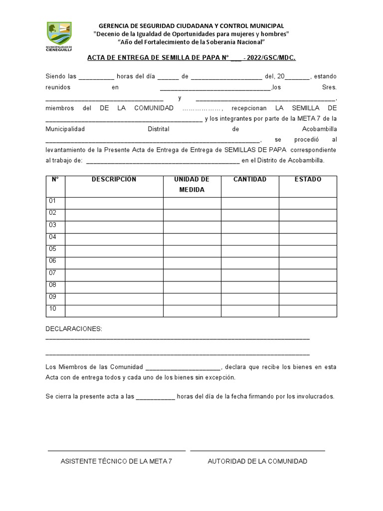 Acta de Entrega de Materiales | PDF