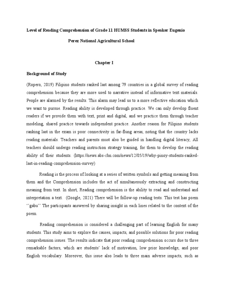 Level of Reading Comprehension of Grade 11 HUMSS Students in Speaker ...