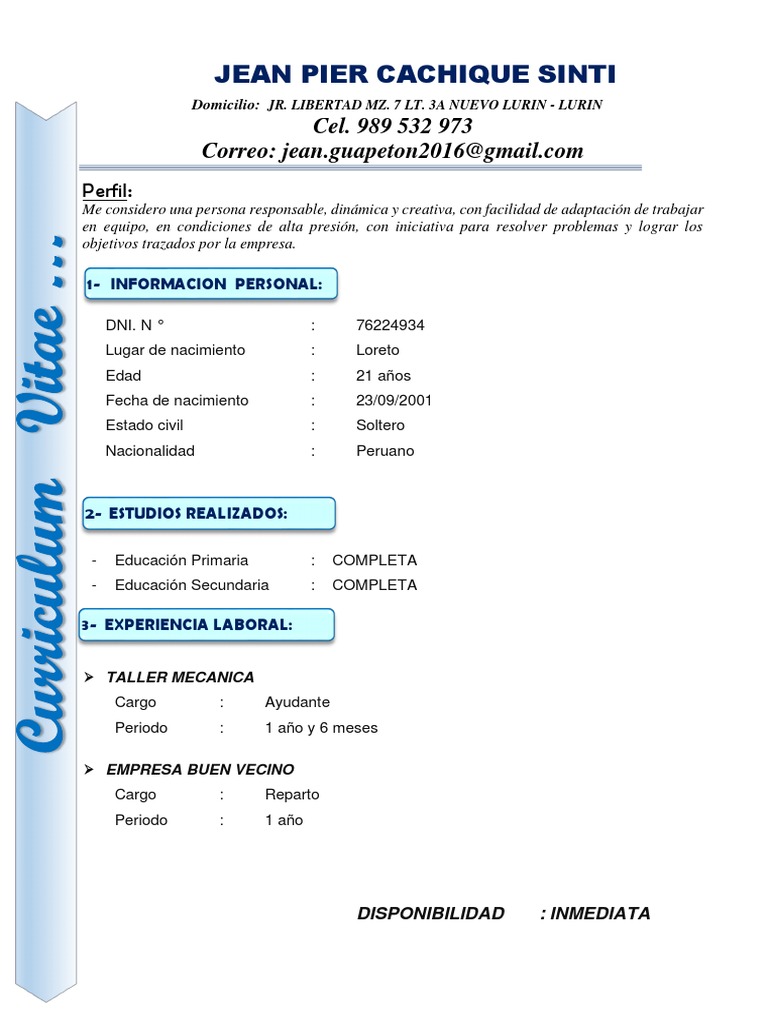 Curriculum JEAN PIER CACHIQUE SINTI | PDF