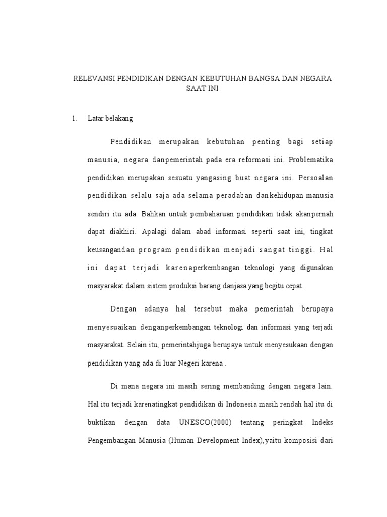 Relevansi Pendidikan Dengan Kebutuhan Bangsa Dan Negara Saat Ini | PDF