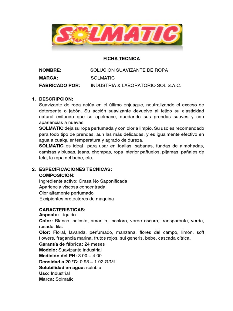 Densidad del Suavizante de Ropa Solmatic | PDF | Agua