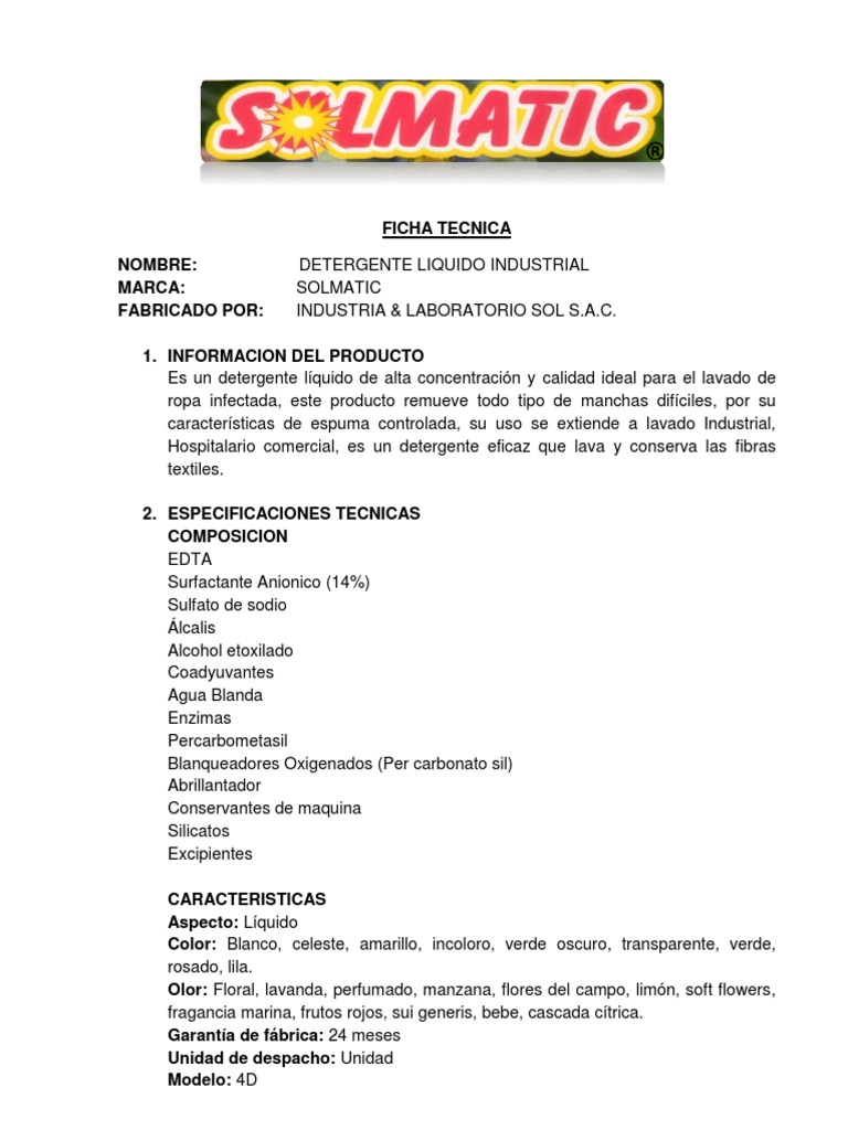 Detergente Líquido Industrial Solmatic | PDF | Detergente | Tensioactivo