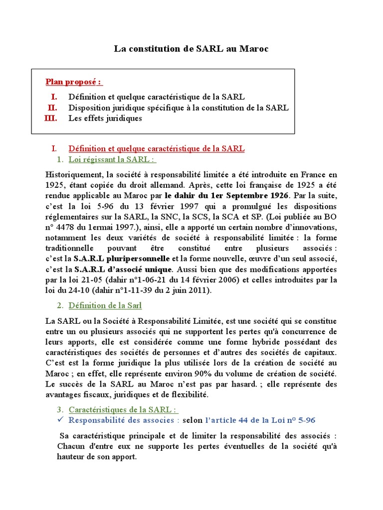 Constitution de la SARL au Maroc | PDF | Business | Loi