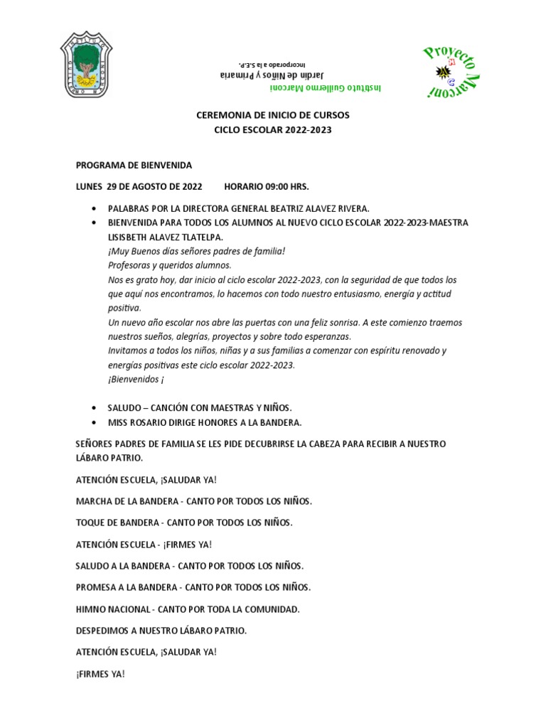 Ceremonia de Inico de Cursos Preescolar 3 Miss Rosario | PDF ...