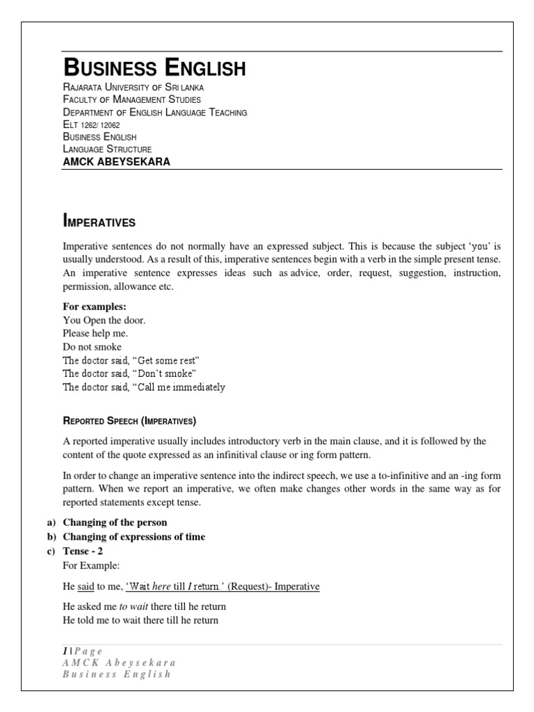 PDF Tute 06 Reported Speech Imperatives PDF Verb Sentence