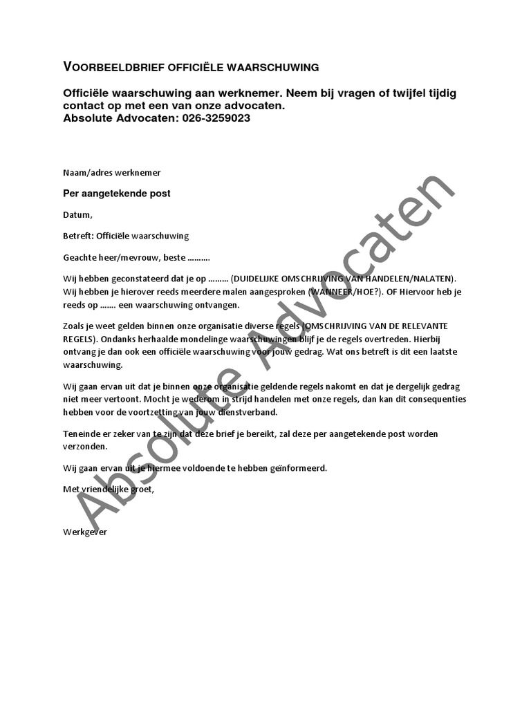 Voorbeeldbrief Officiele Waarschuwing | PDF