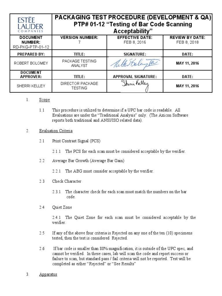 Packaging Test Procedure (Development & Qa) PTP# 01-12 "Testing of Bar ...